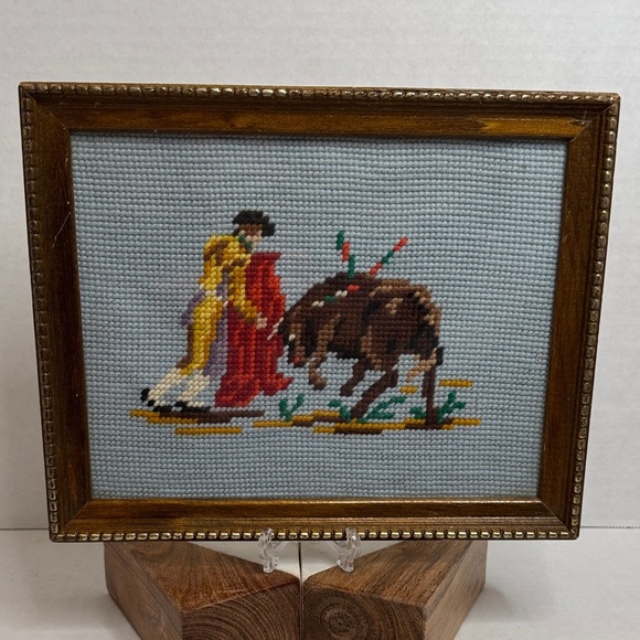 Vintage | Art | Vintage Framed Needlepoint Art With Matador And Bull ...